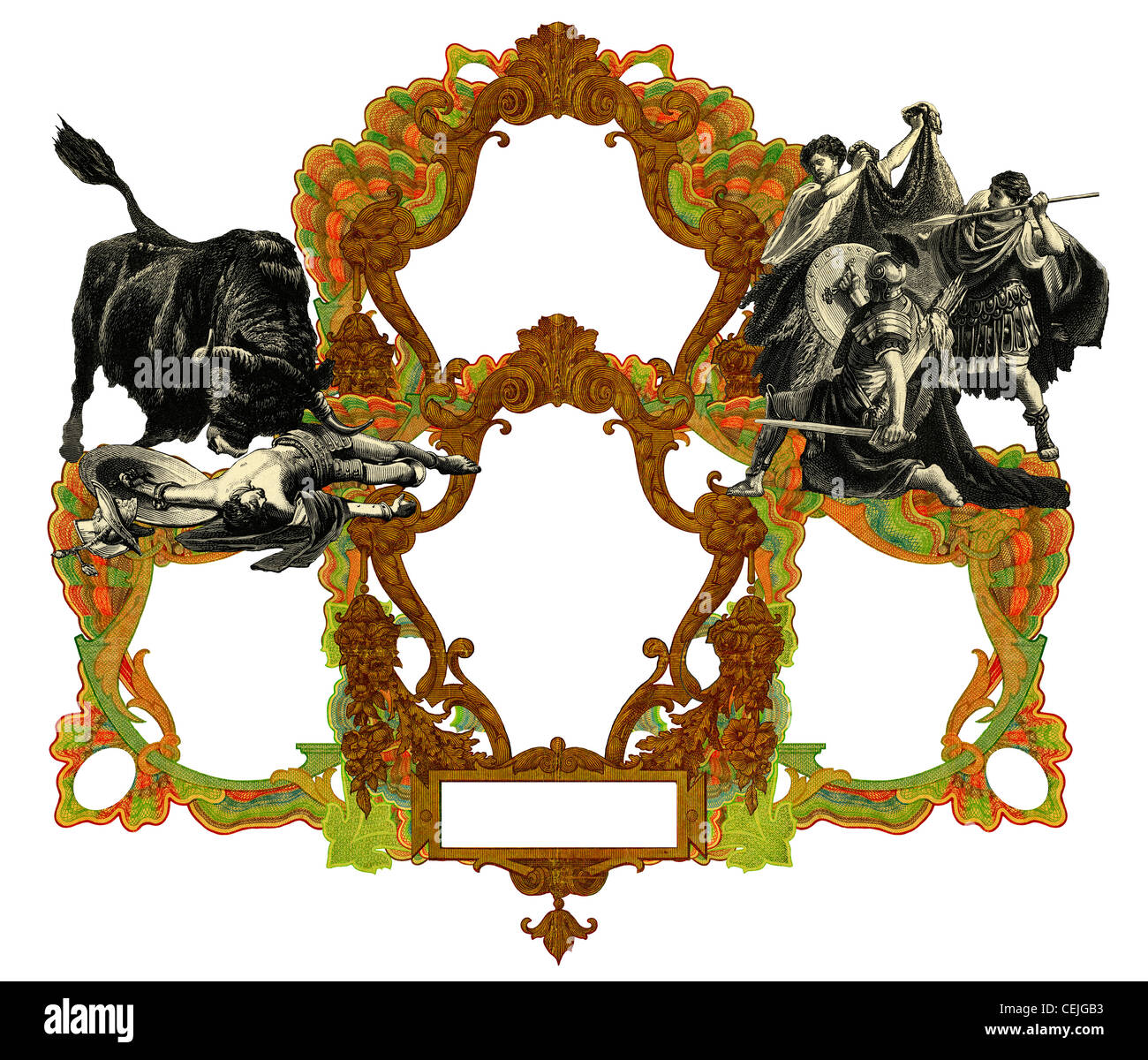 Luxurious Victorian frame with gladiator and bull Stock Photo - Alamy