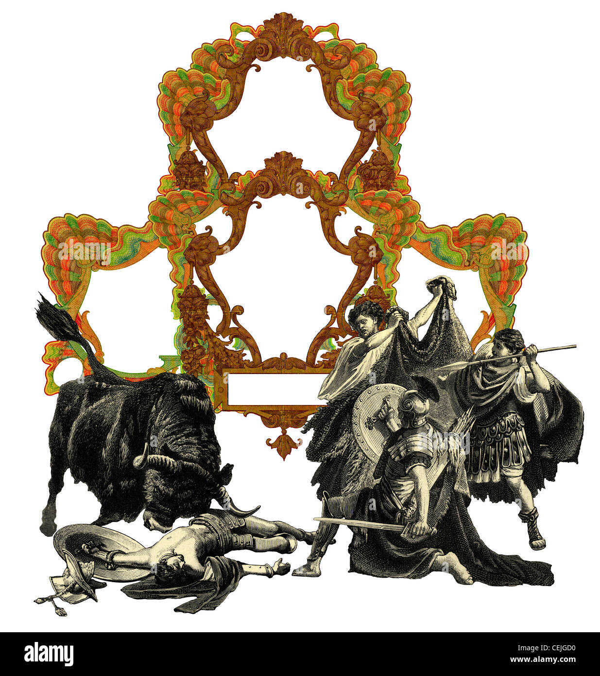 Luxurious Victorian frame with gladiator and bull Stock Photo - Alamy