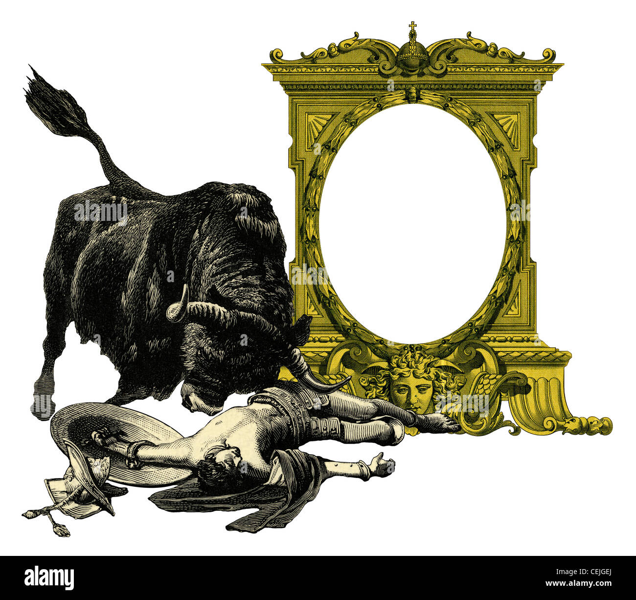 Luxurious Victorian frame with gladiator and bull Stock Photo - Alamy
