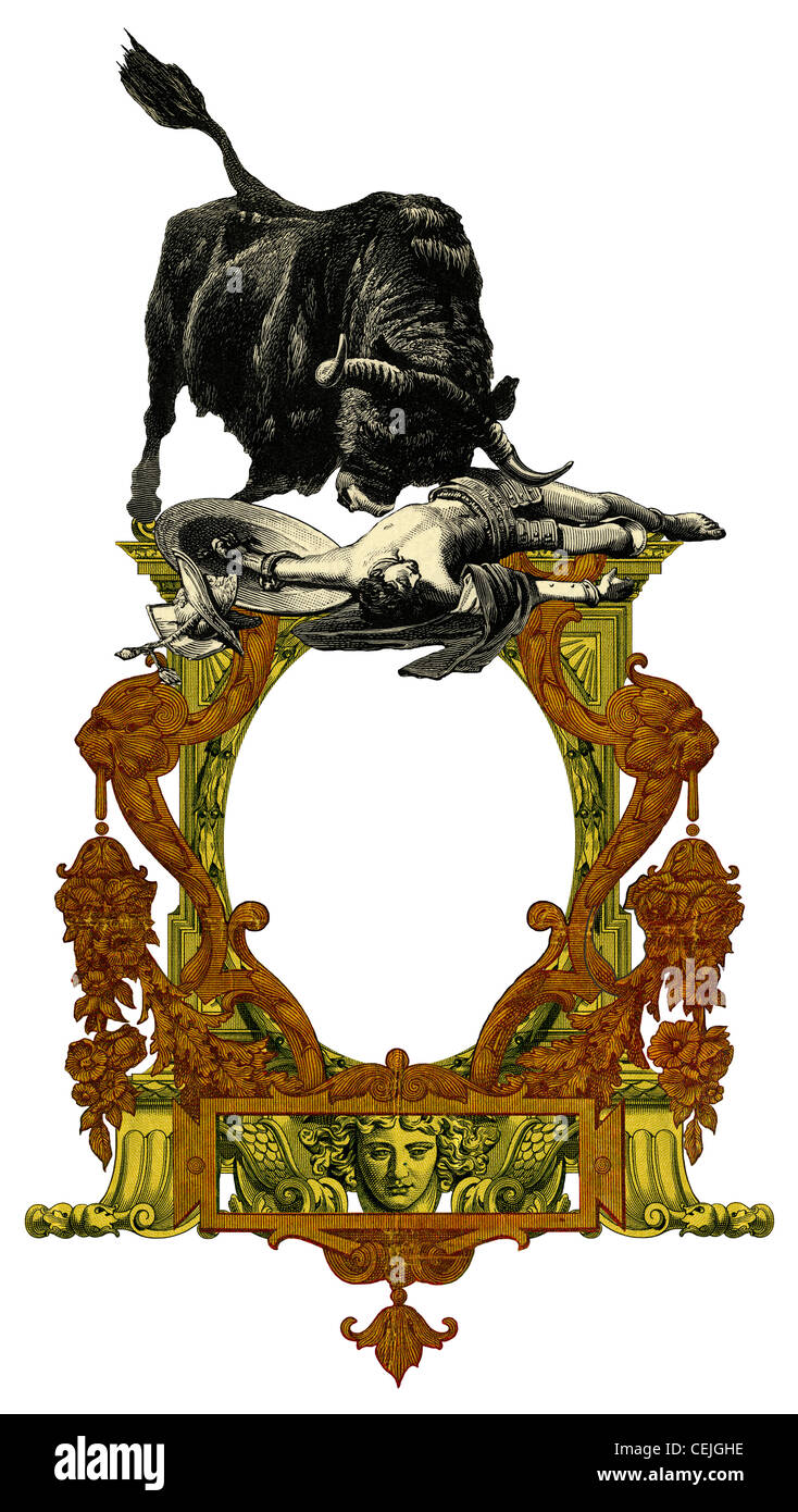 Luxurious Victorian frame with gladiator and bull Stock Photo - Alamy