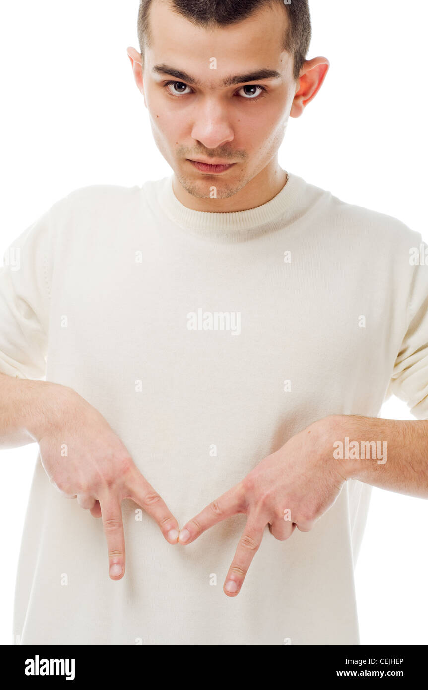 Young caucasian man showing sign with his fingers isolated on white ...