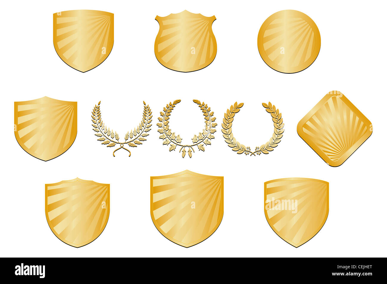 Collection of golden shields and wreaths - isolated on white background ...