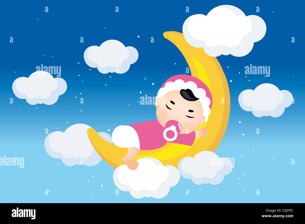 Dreaming baby on the moon with stars, clouds on nightly sky ...