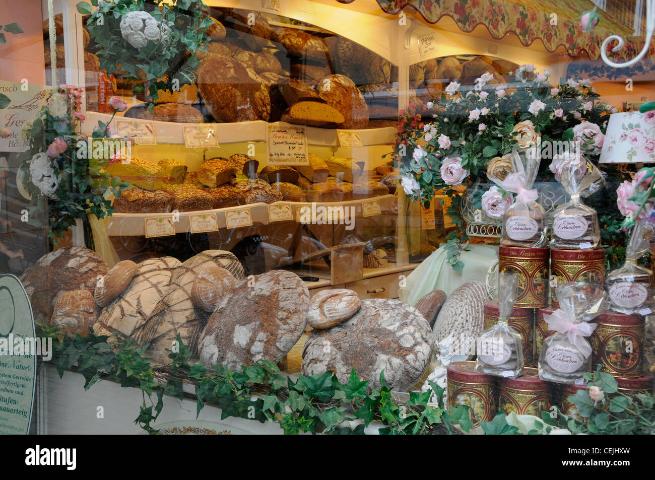 A display of bread in a bakery window in Nuremberg, Bavaria, Germany ...