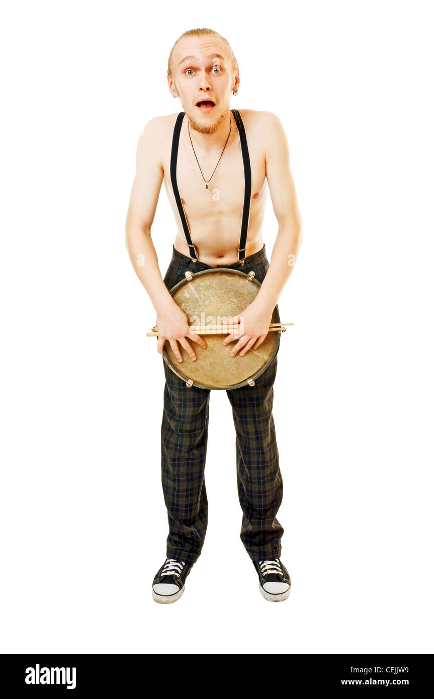 cool drummer with his drum isolated on white background Stock Photo - Alamy