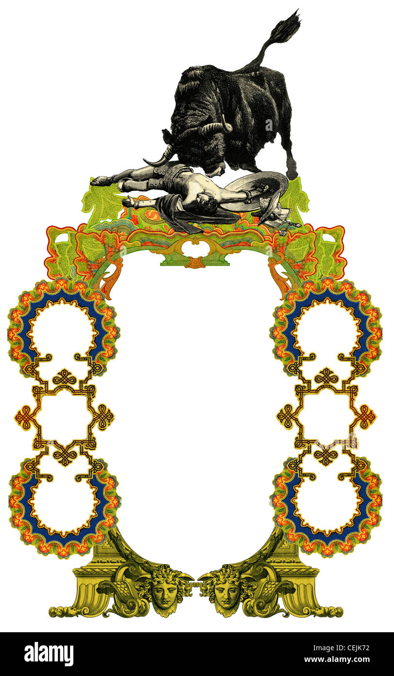 Luxurious Victorian frame with gladiator and bull Stock Photo - Alamy
