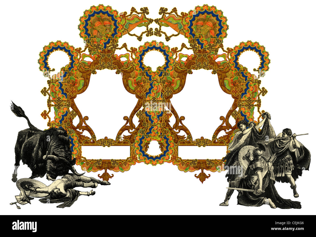 Luxurious Victorian frame with gladiator and bull Stock Photo - Alamy