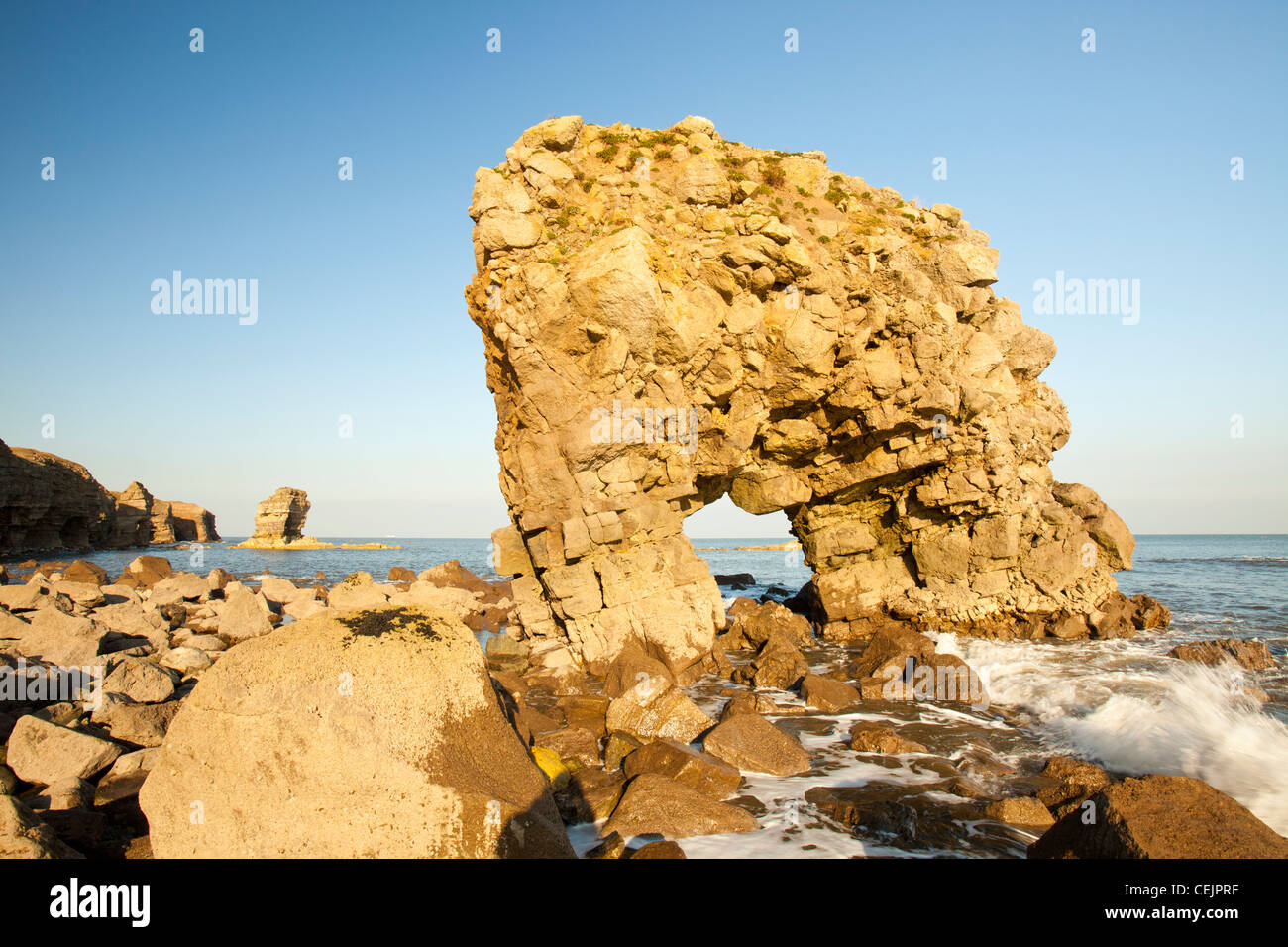 Sea stacks and sea arch on the North East coast at Whitburn between ...