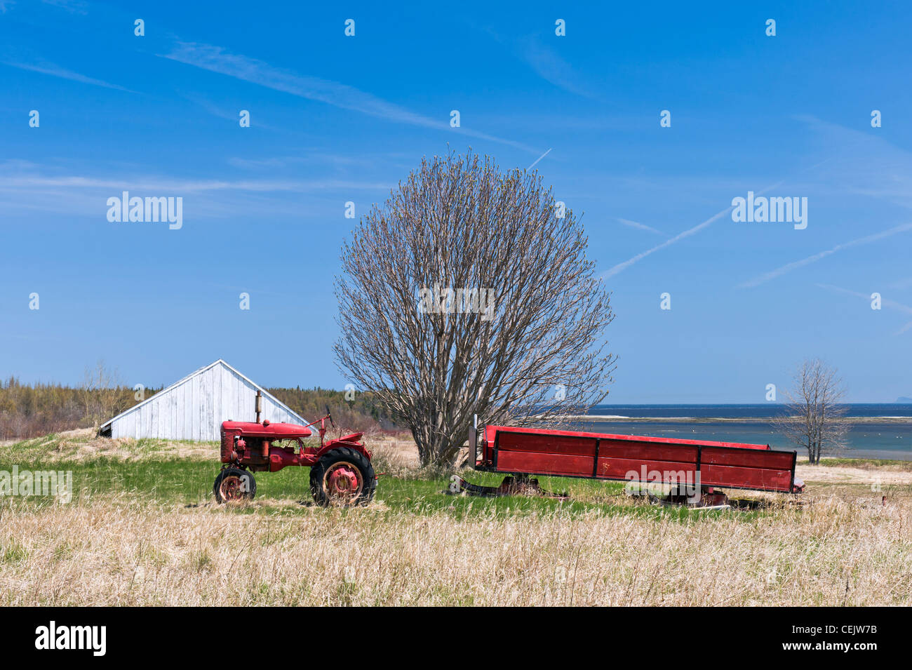 Old tractor and sled parked in a field, Charlevoix region, province of ...