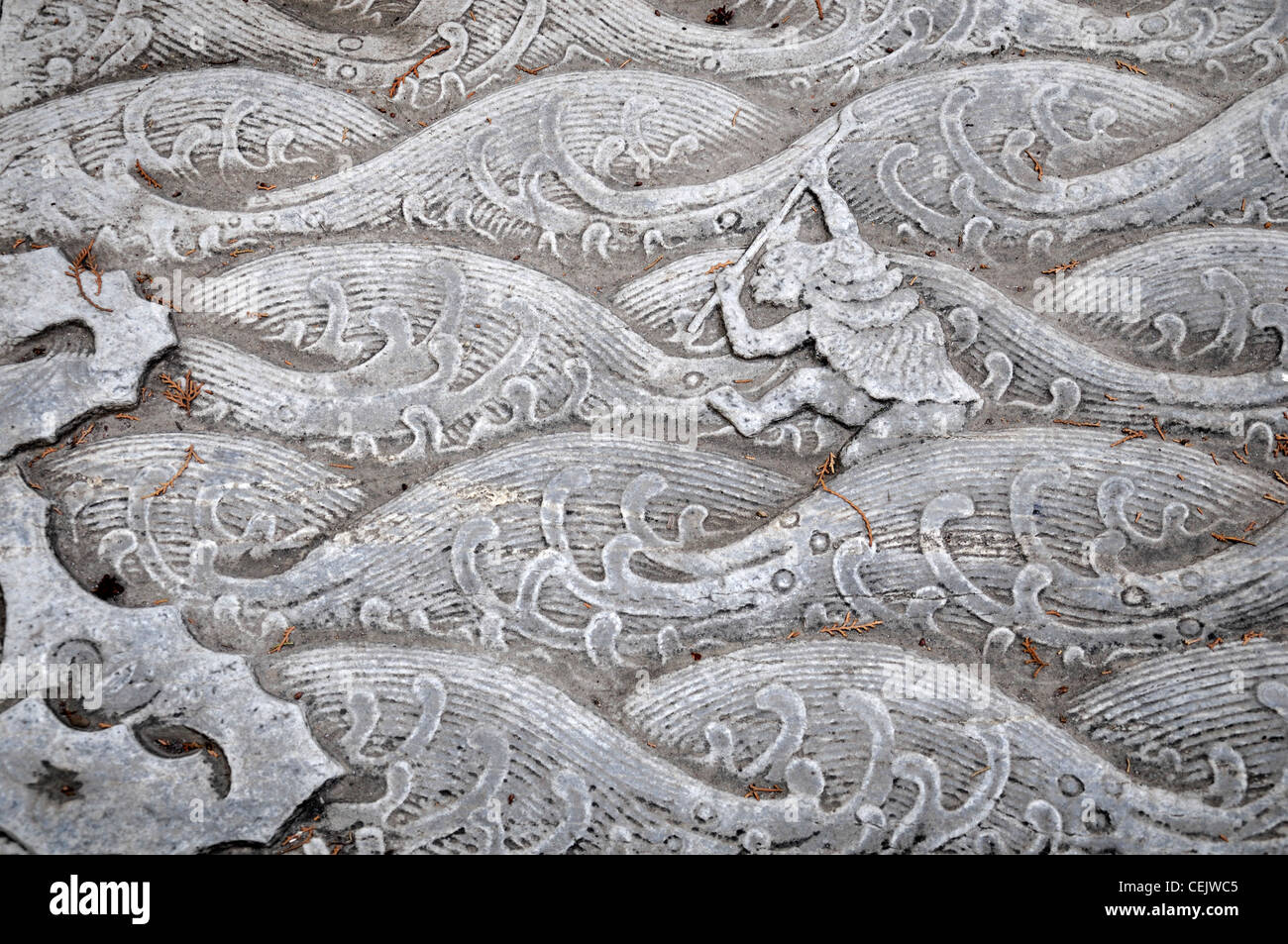 Intricate intricately carved carving stone slab bas relief fisherman ...