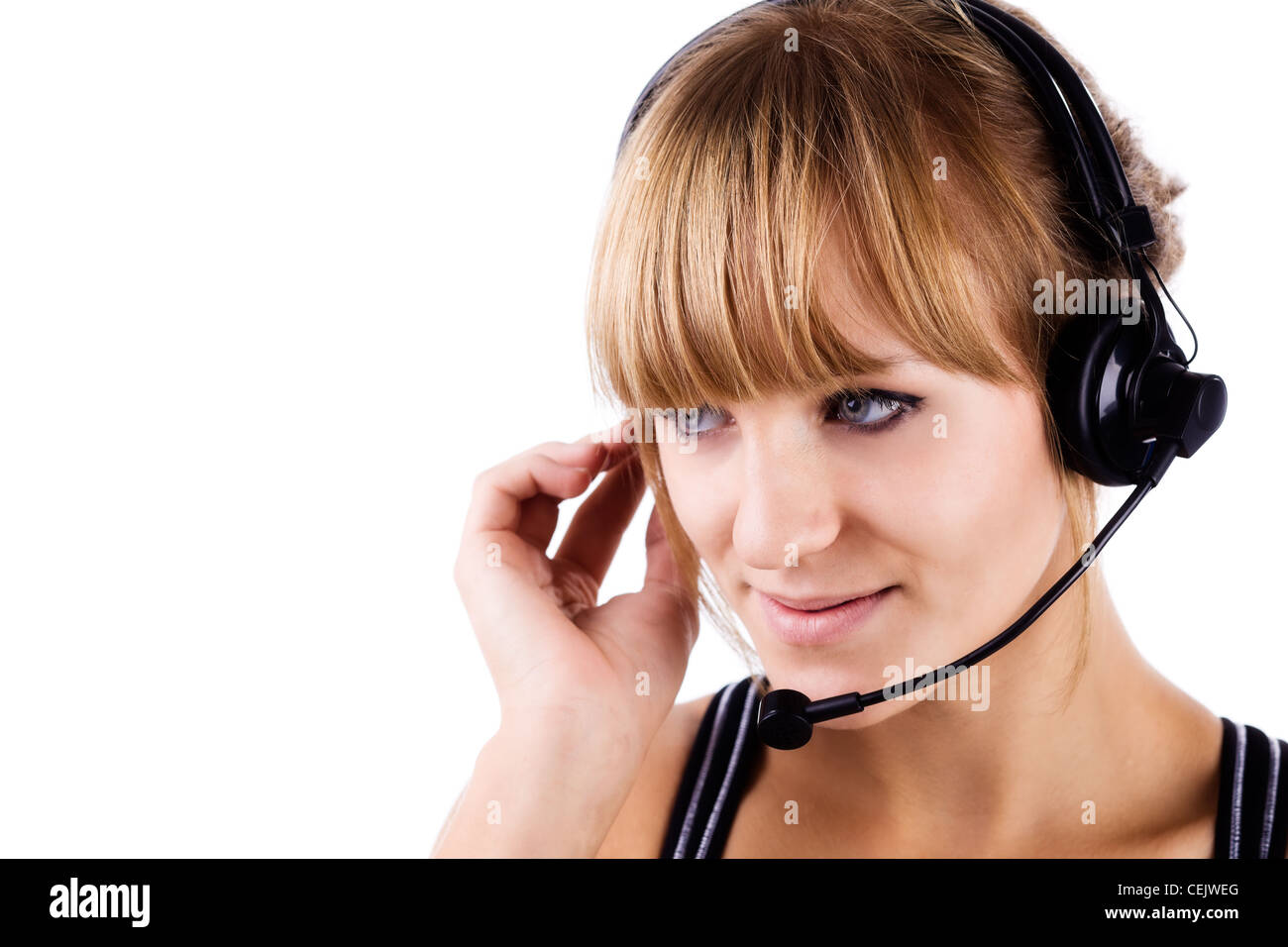 Attractive operator with headset and a great smile! Isolated on a white ...