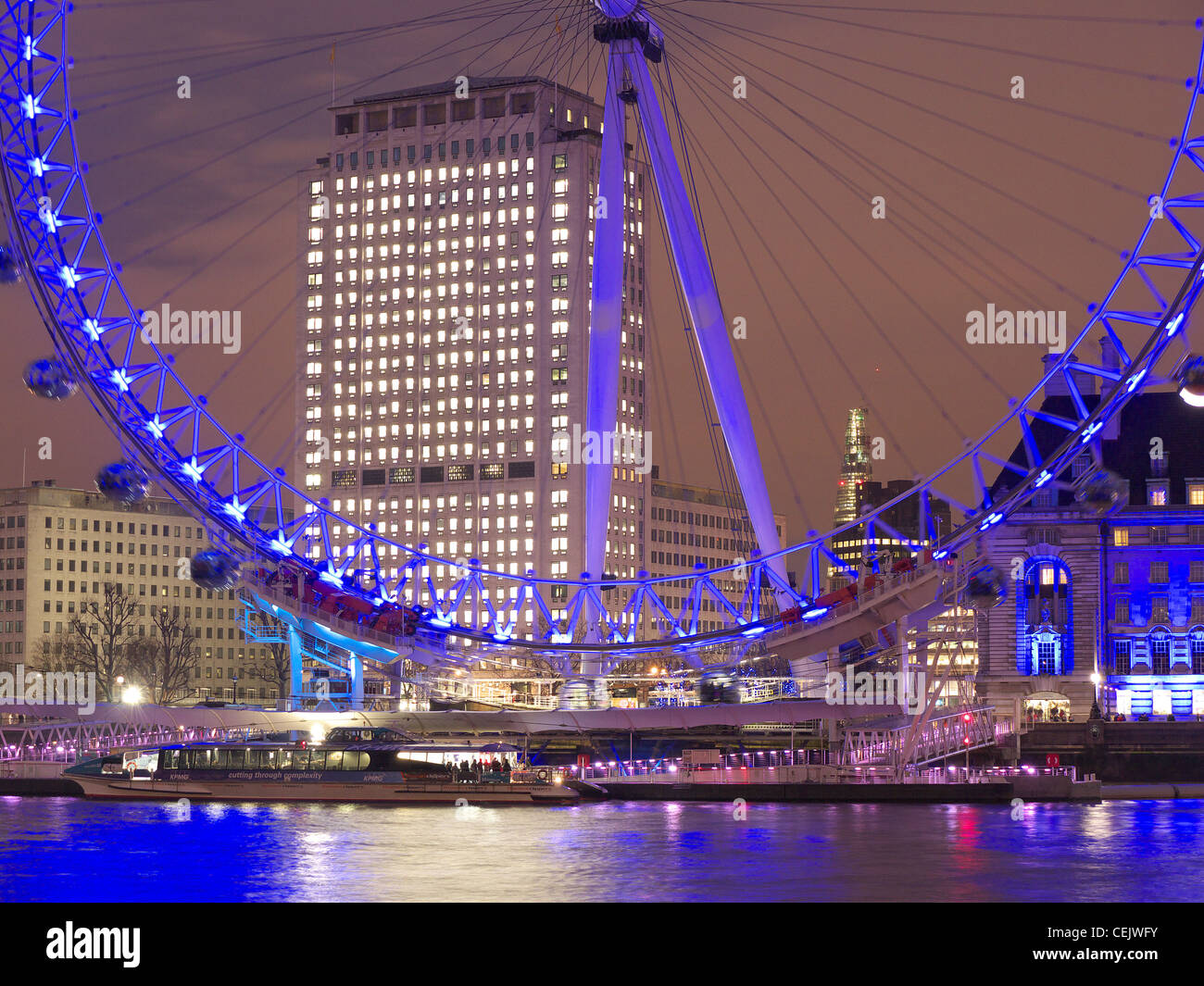 The London Eye and The Shell Centre building at night Stock Photo - Alamy
