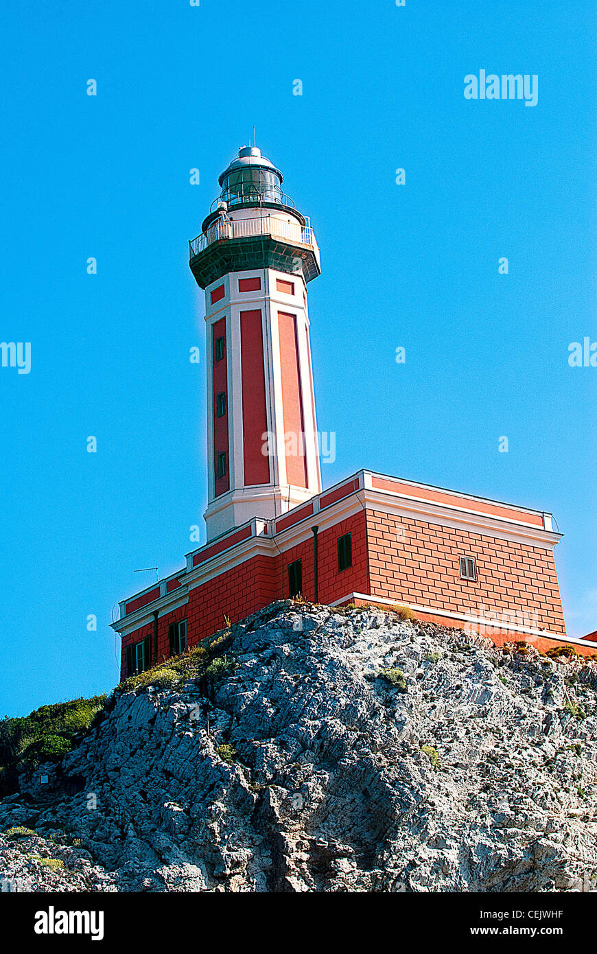 red lighthouse with blue skies, capri italy Stock Photo - Alamy