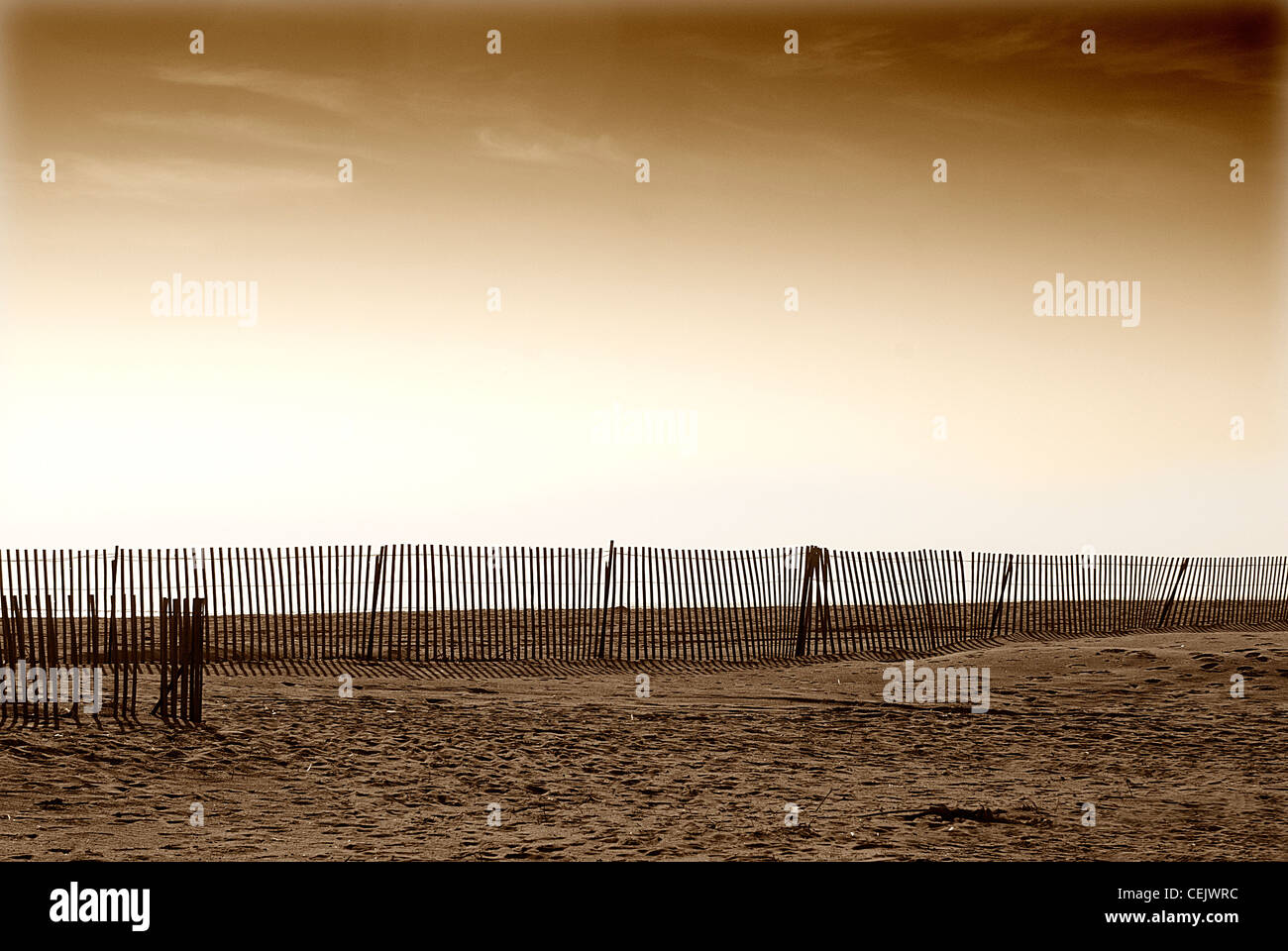 wooden fence along california sandy beach with sepia brown skies Stock ...