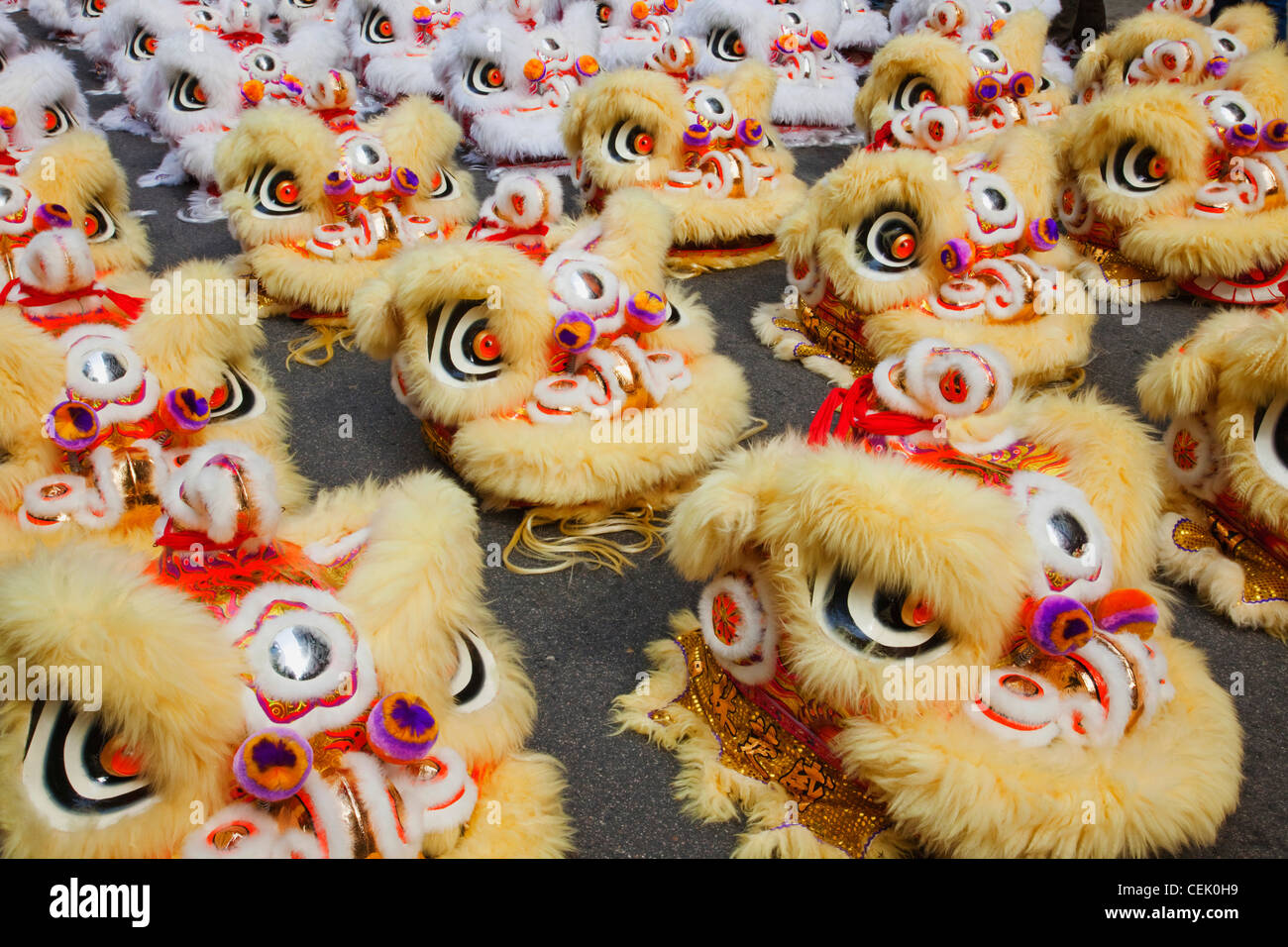 A group of Chinese Lion heads used for traditional Lion Dance, Hong ...