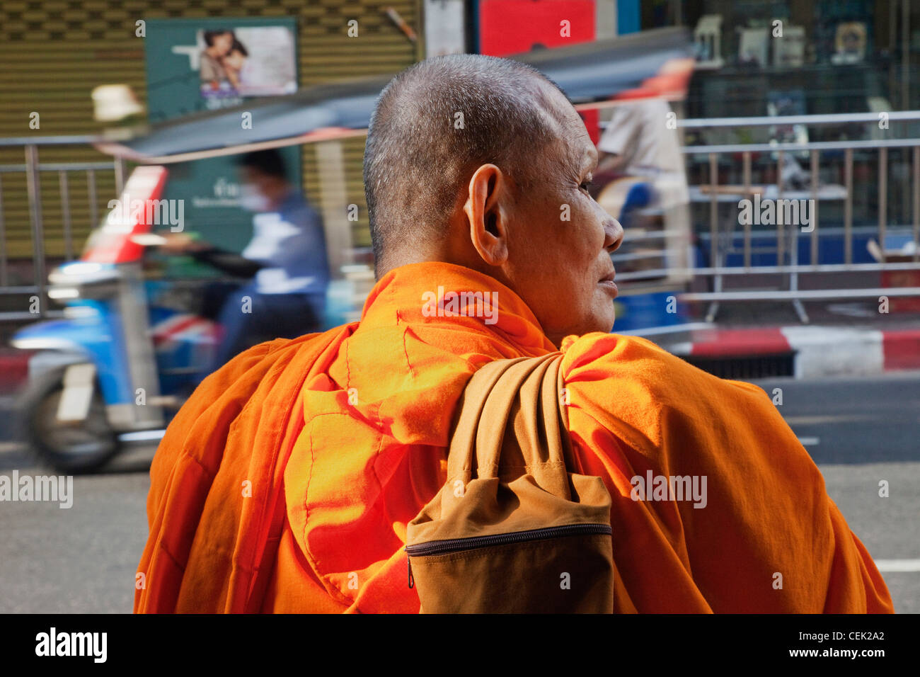 Rear view of Monk standing by side of road. Bangkok, Thailand Stock ...