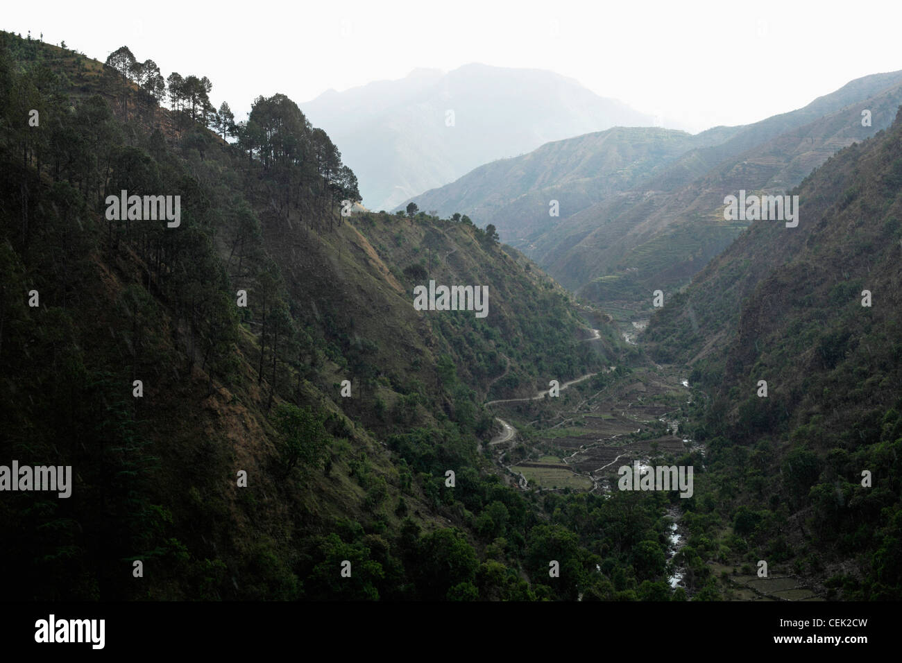 Valley and mountain peeks of the Himalayan foothills, India Stock Photo ...