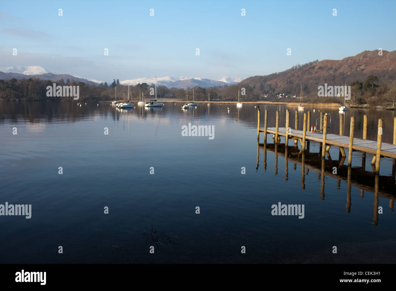 A calm bight sunny morning in winter at Ambleside on Lake Windermere ...