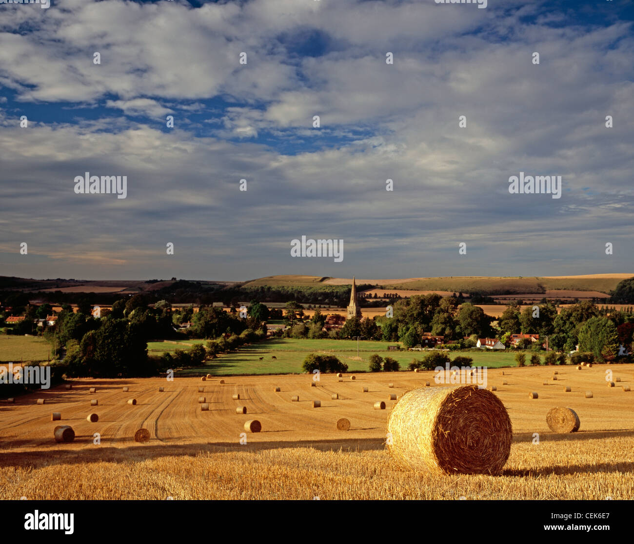 A harvest scene at Sutton Veny in the Wylye Valley, Wiltshire, England ...