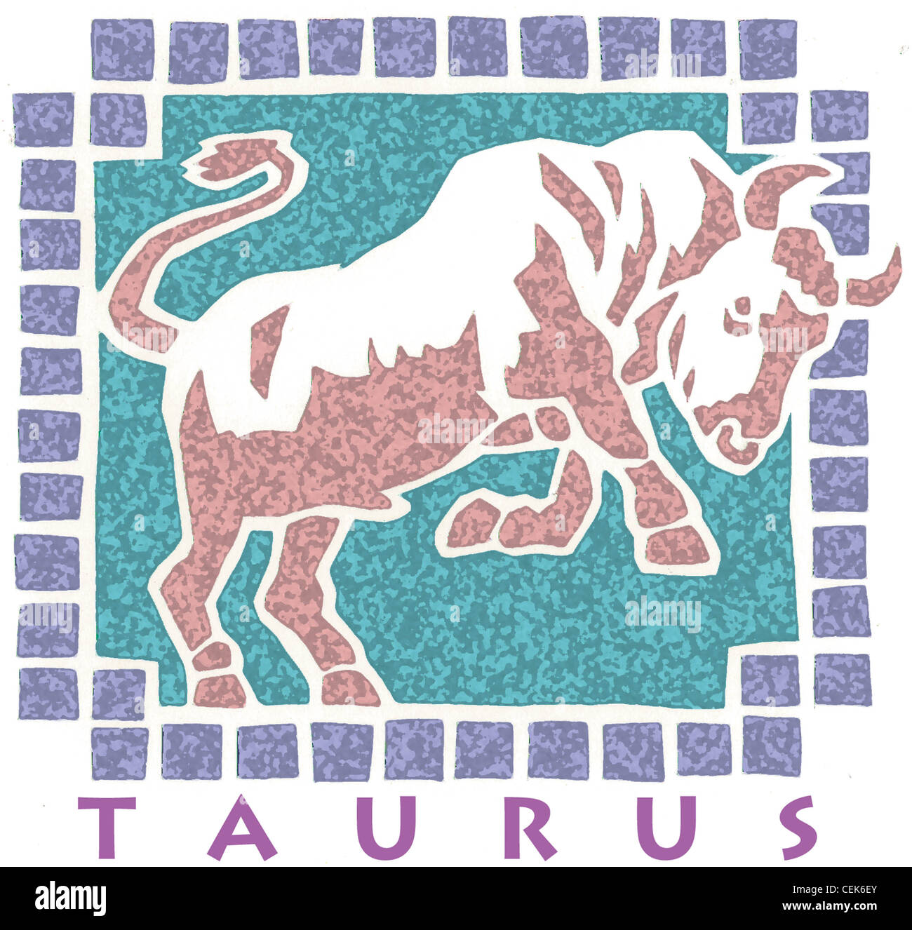Star sign Taurus pruple mosaic border illustration of a bull against an ...