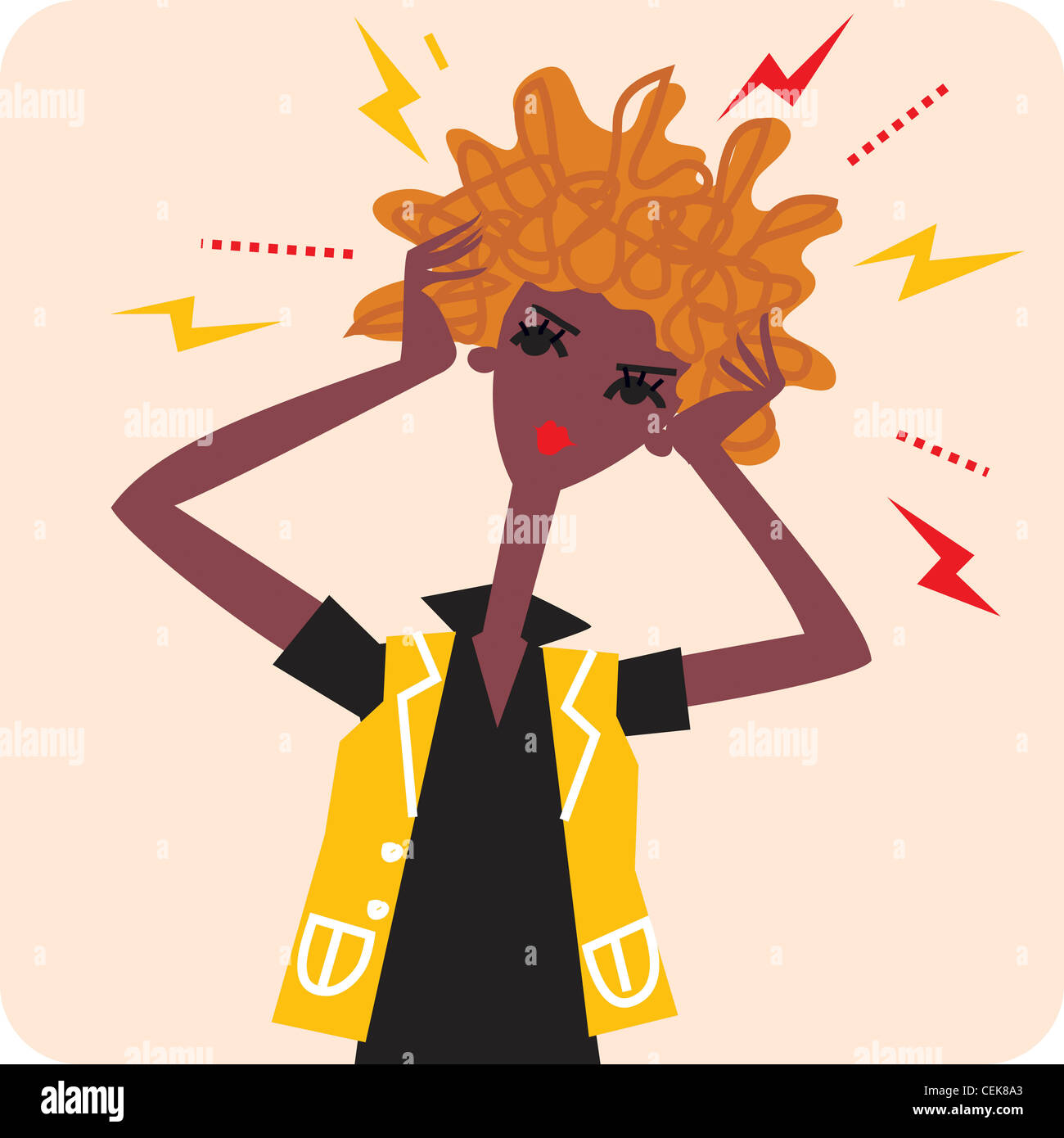 Illustration of female bleached curly hair, wearing a black shirt short ...