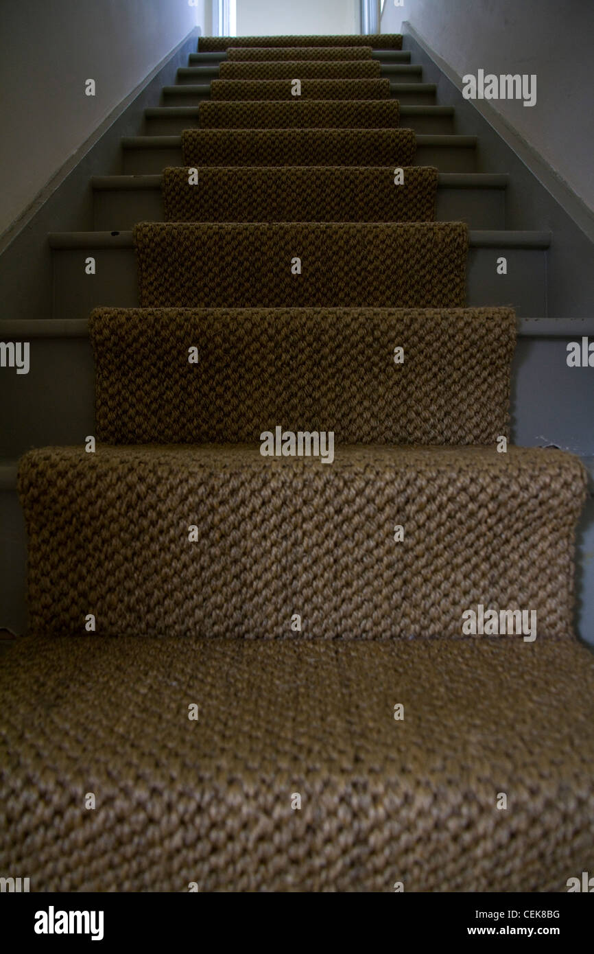 A rustic staircase with a sisal runner carpet in an old-fashioned ...