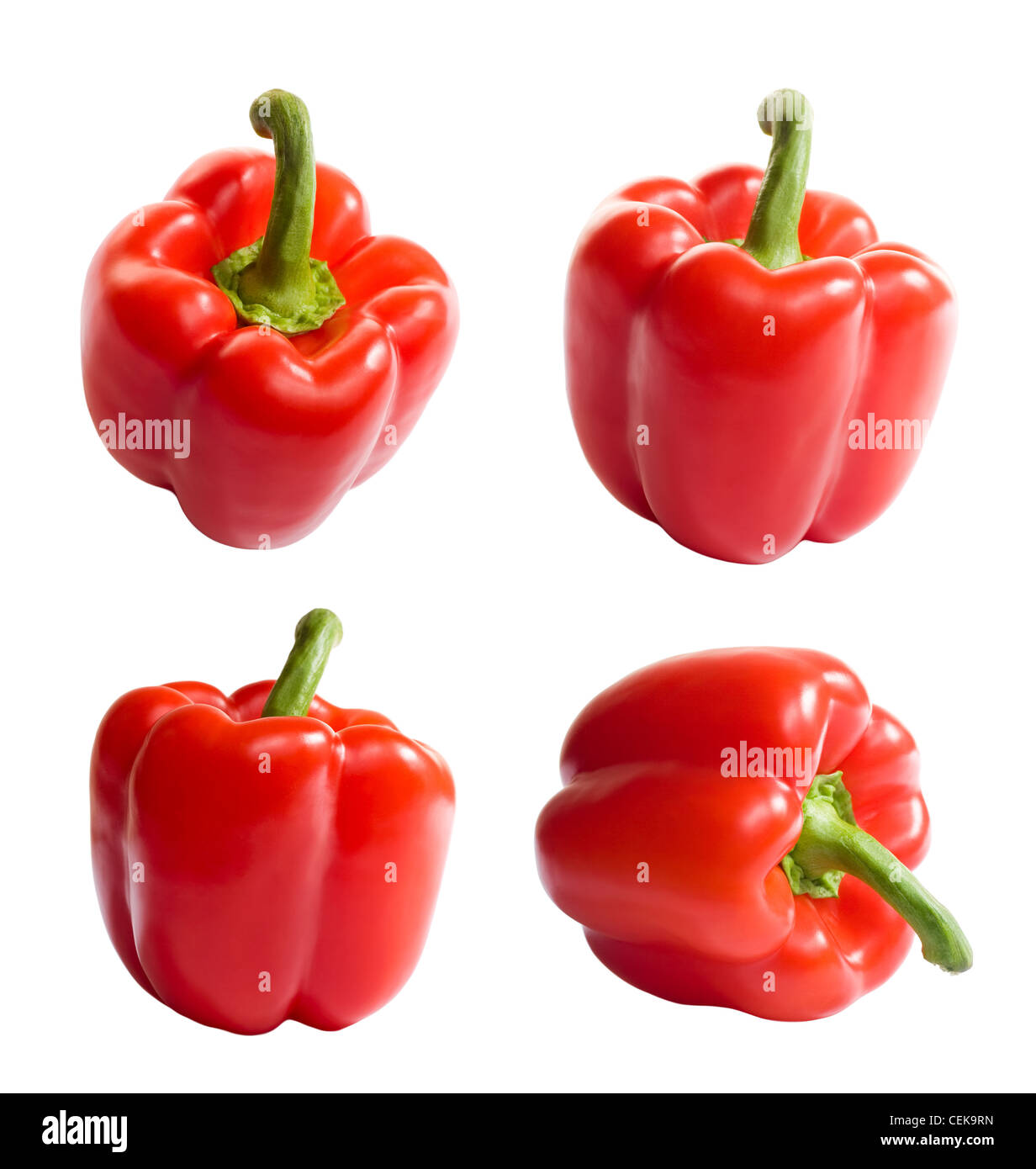 Shiny fresh red bell peppers from several angles, isolated on white ...