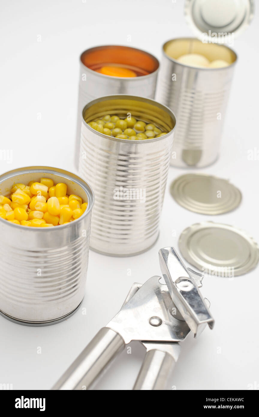 Years Of The Tin Can A still life image of a group of opened vegetable ...