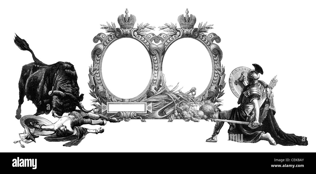 Luxurious Victorian frame with gladiator and bull Stock Photo - Alamy
