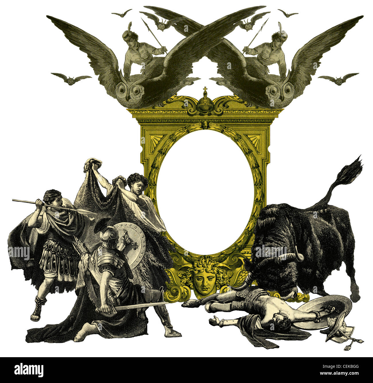 Luxurious Victorian frame with gladiator and bull Stock Photo - Alamy