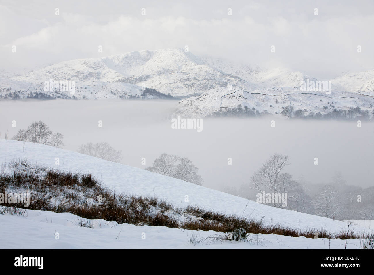 Snow and valley mist over Ambleside in the Lake District, looking ...