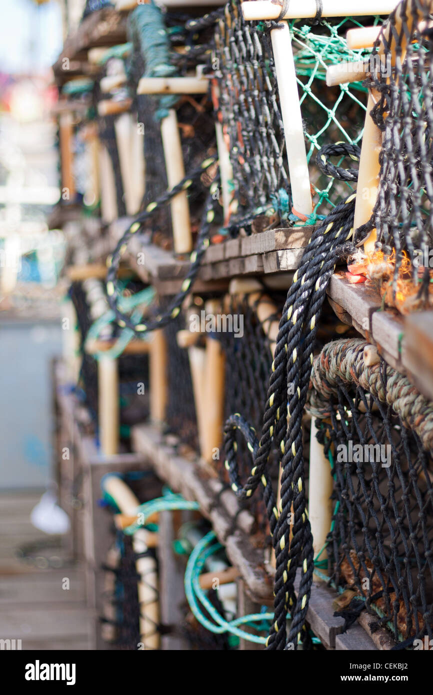 Lobster, Crab and Fishing nets and pots stacked up and empty ready to ...