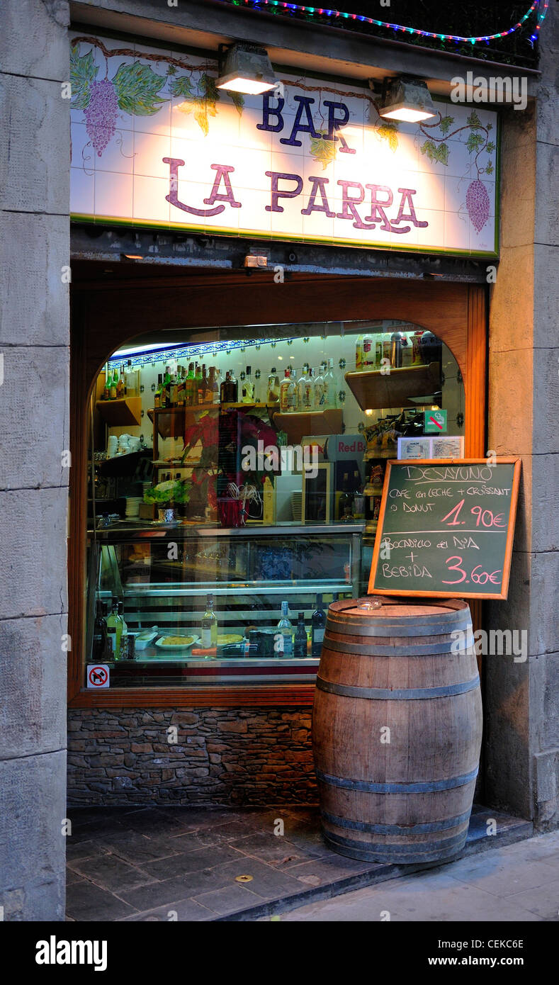 Barcelona, Spain. Bar del Parra with tiled sign and breakfast menu in ...