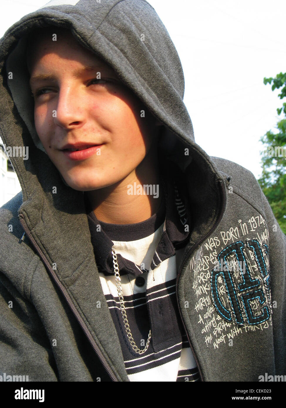 Teenage male wearing grey hooded top looking past camera talking Stock ...
