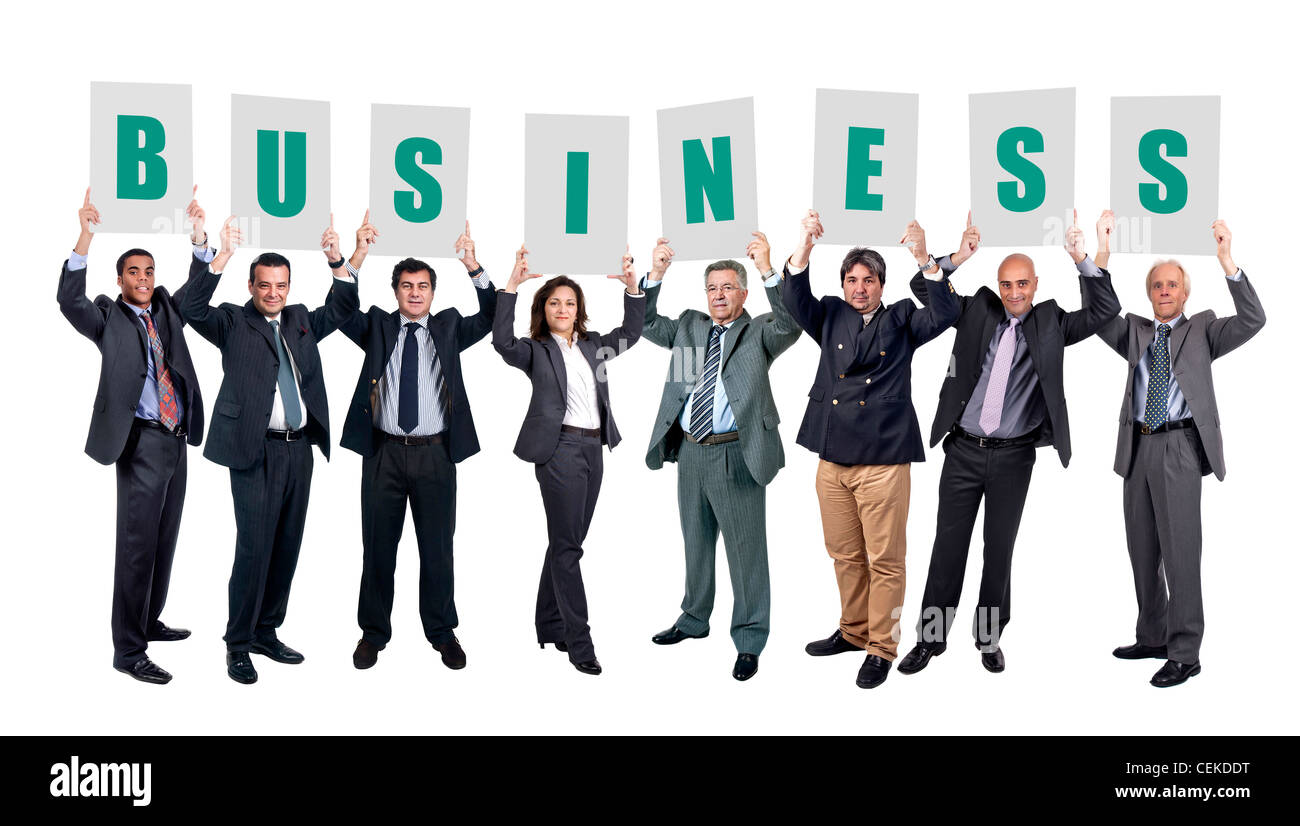 Group of businessmen with cards making the word "business" isolated in ...