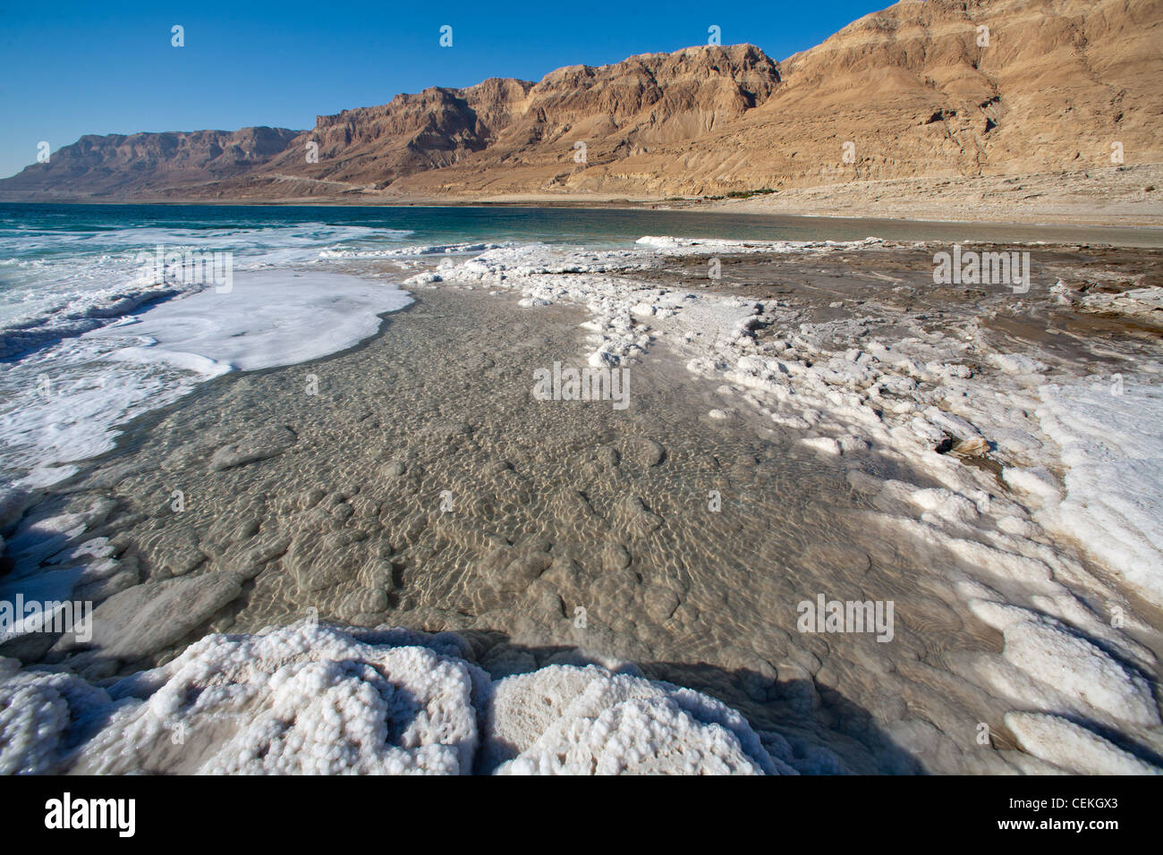 Middle East, Israel, Dead Sea salt on coast and in water Stock Photo ...