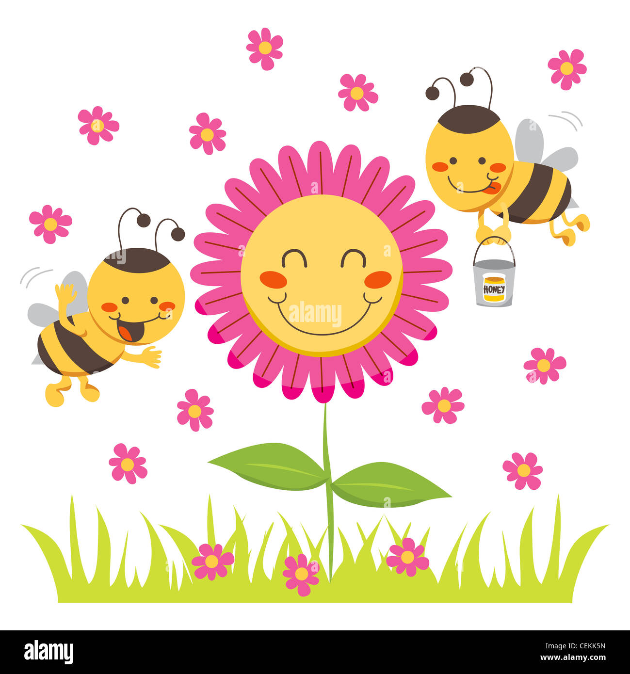 Two cute honey bees flying around a happy flower carrying a bucket ...