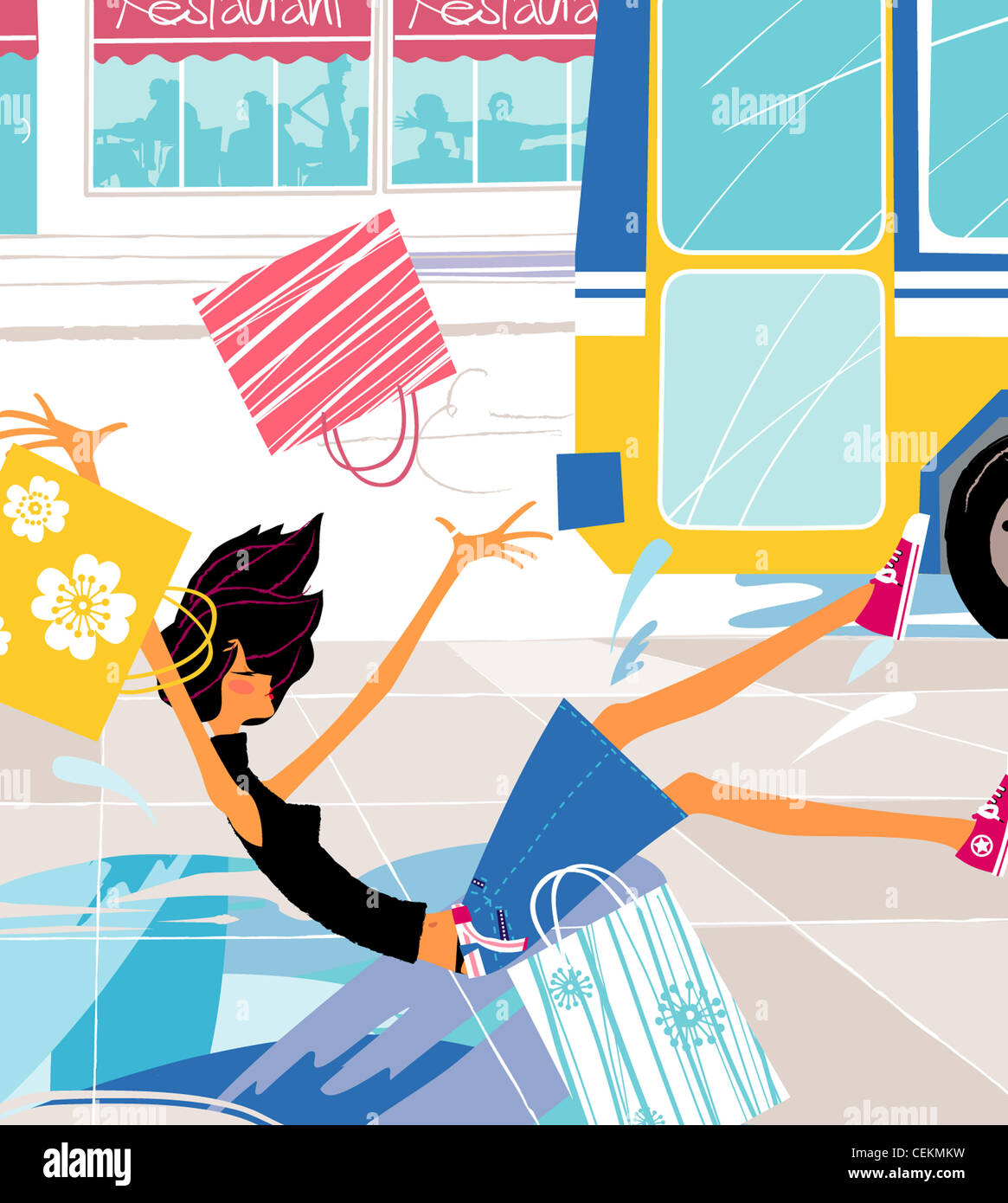 Female falling over in puddle with shopping bags Stock Photo - Alamy