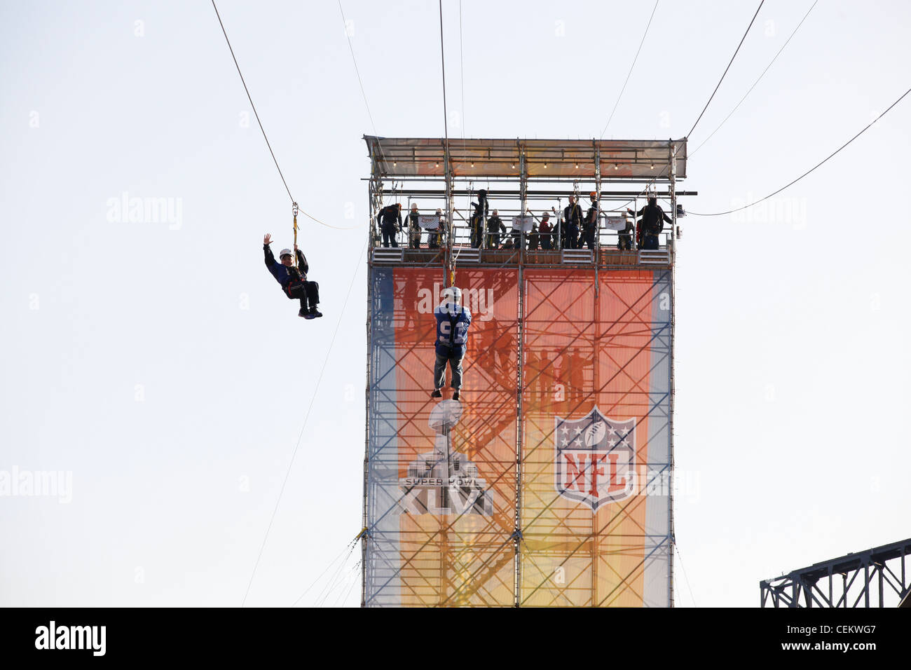 Superbowl XLVI Indianapolis, Indiana. Football fans using zip line on ...