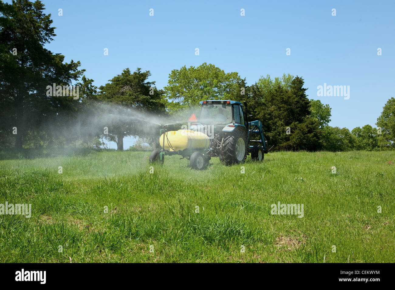 Spraying herbicide on a pasture used for grazing beef cattle. The ...
