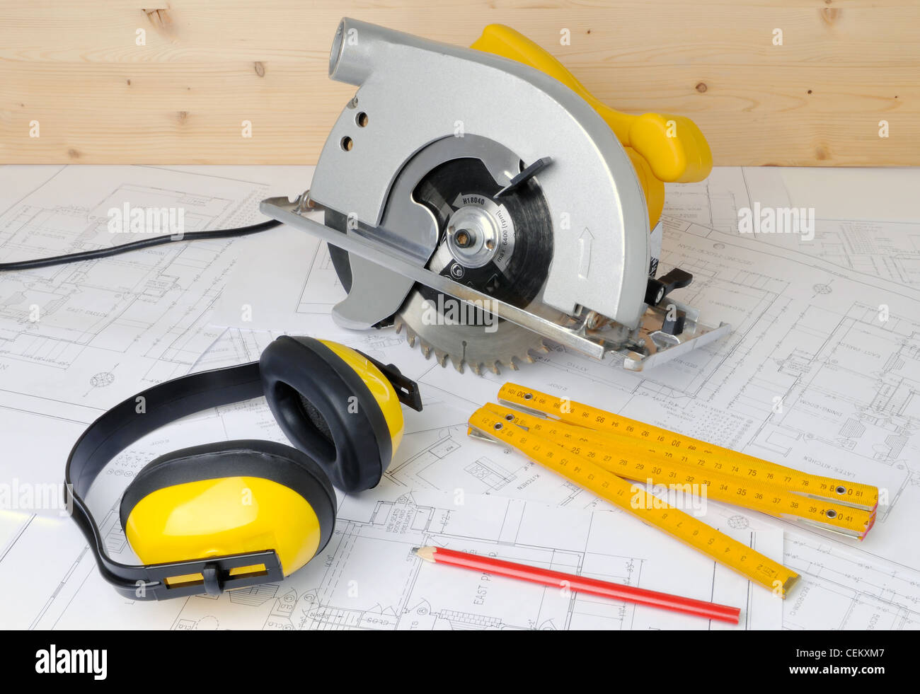 carpenter tools and construction plans Stock Photo - Alamy