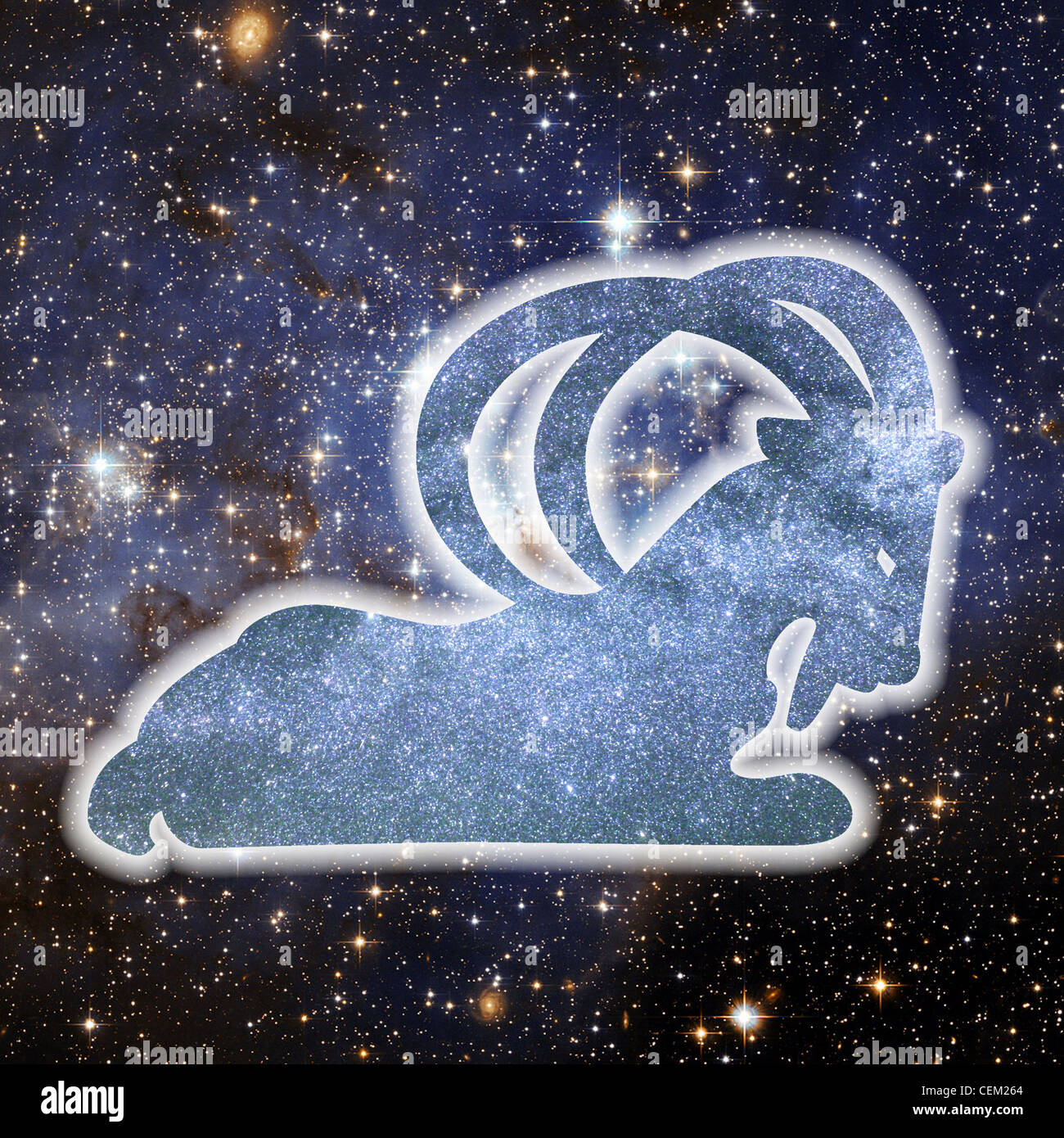 An illustration of the silhouette of a resting goat made up of stars ...