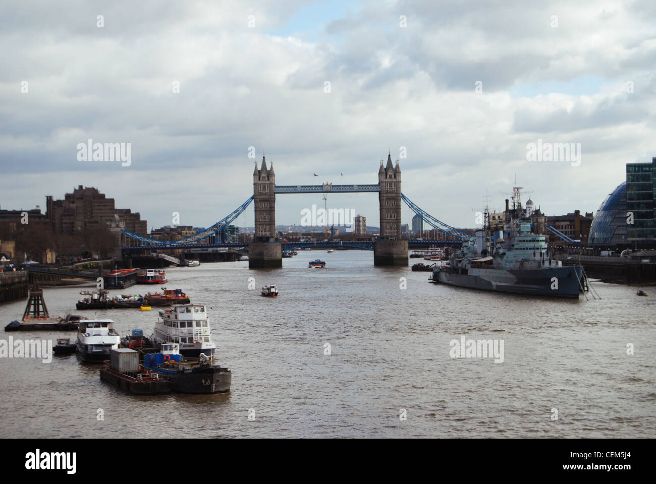 Tower Bridge with Thames River and Boats, London, United Kingdom ...