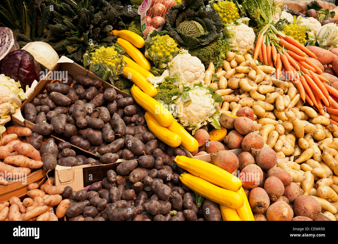 Large selection of Fresh Vegetables displayed on a market stall Stock ...