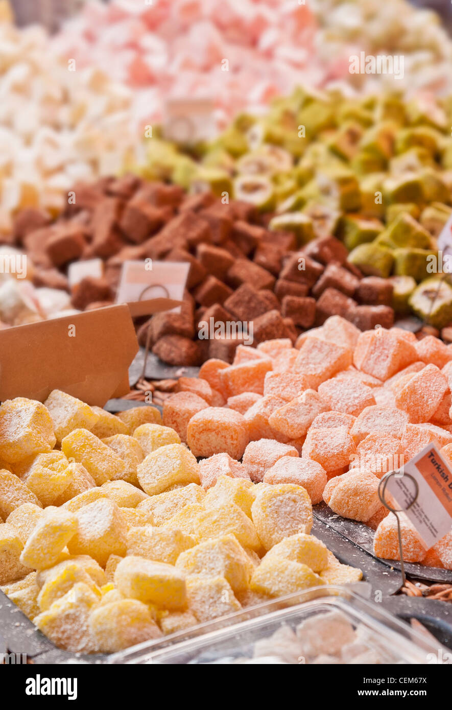 Bright and colourful selection of Turkish delight on a market stall ...