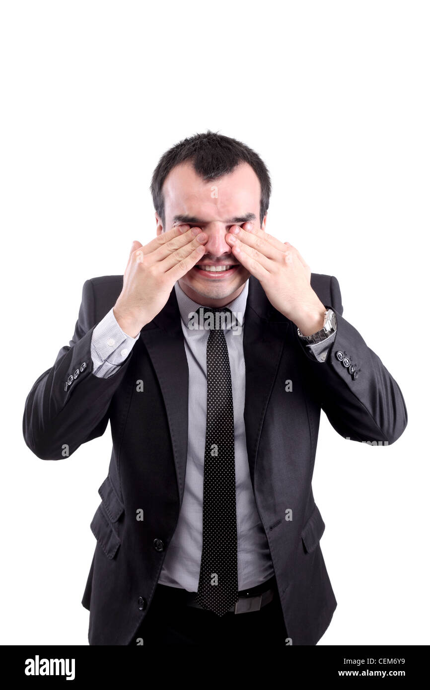 confused businessman rubbing his eyes, isolated on white Stock Photo ...