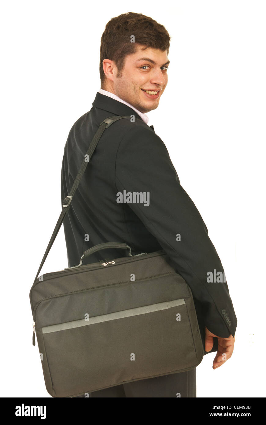 Happy business man going to job and looking back over shoulder isolated ...