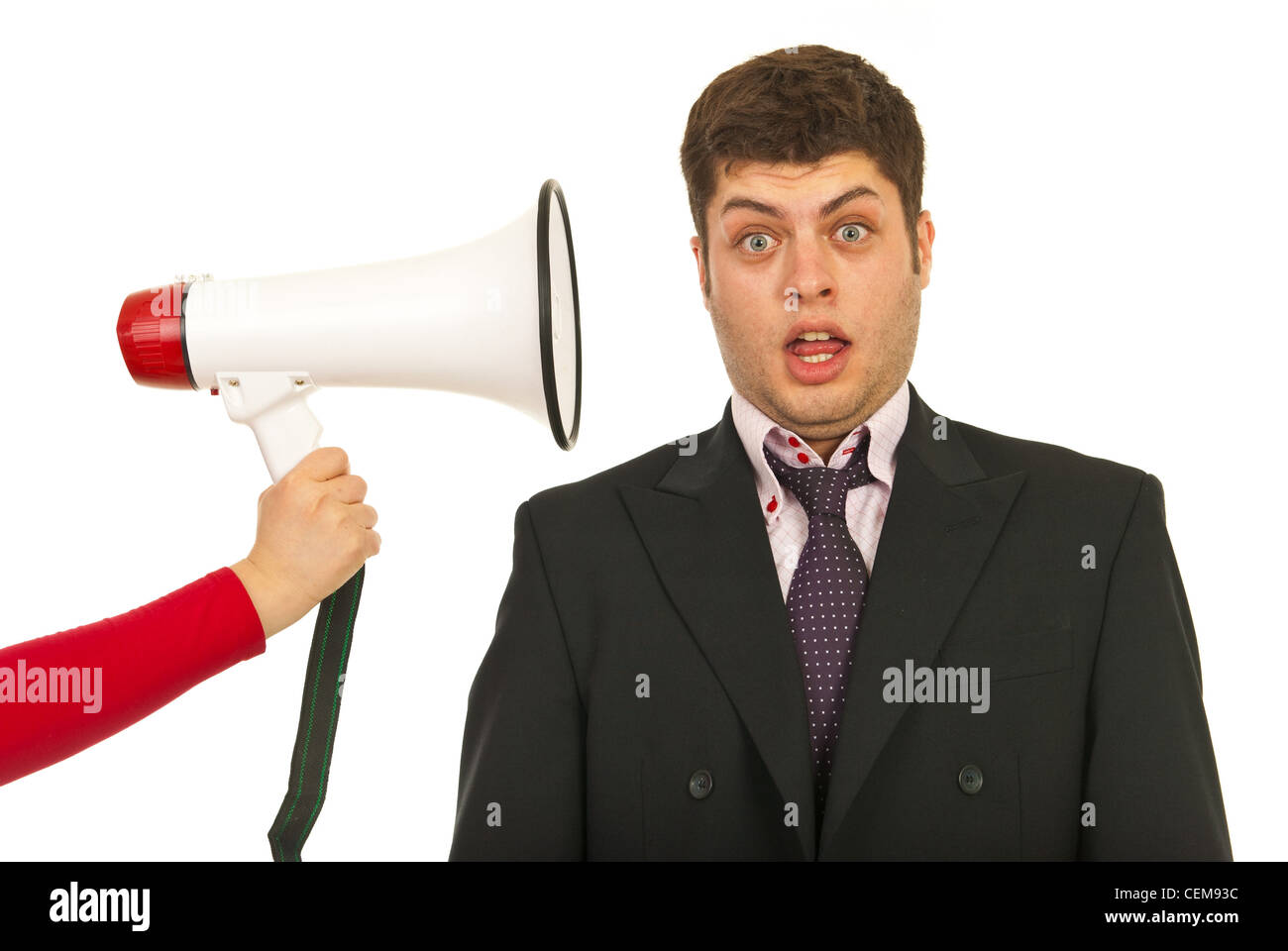 Business Man Being Scared And Surprised By Megaphone Shout Isolated On