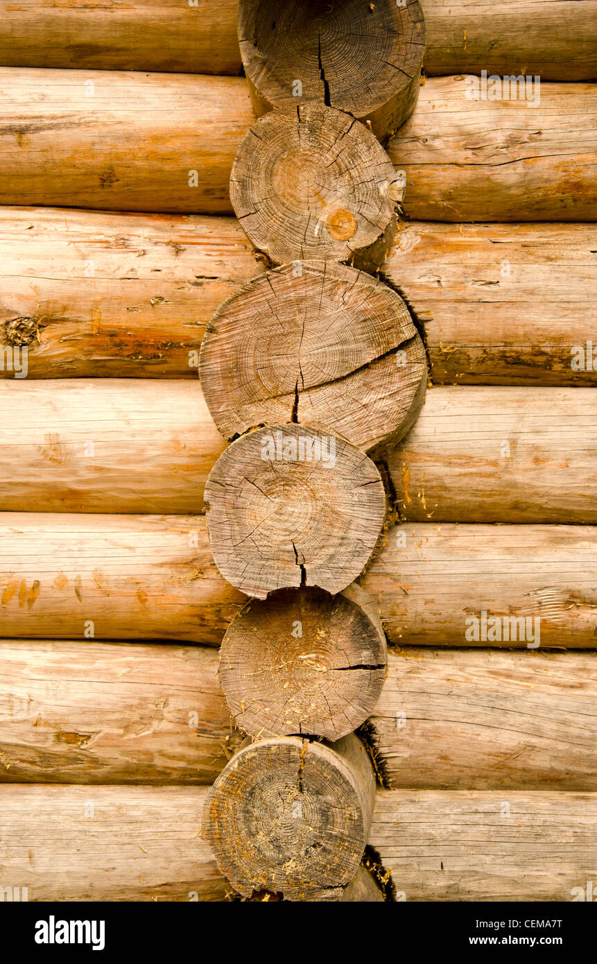 Log wooden house made of tree trunk wall closeup backdrop background ...