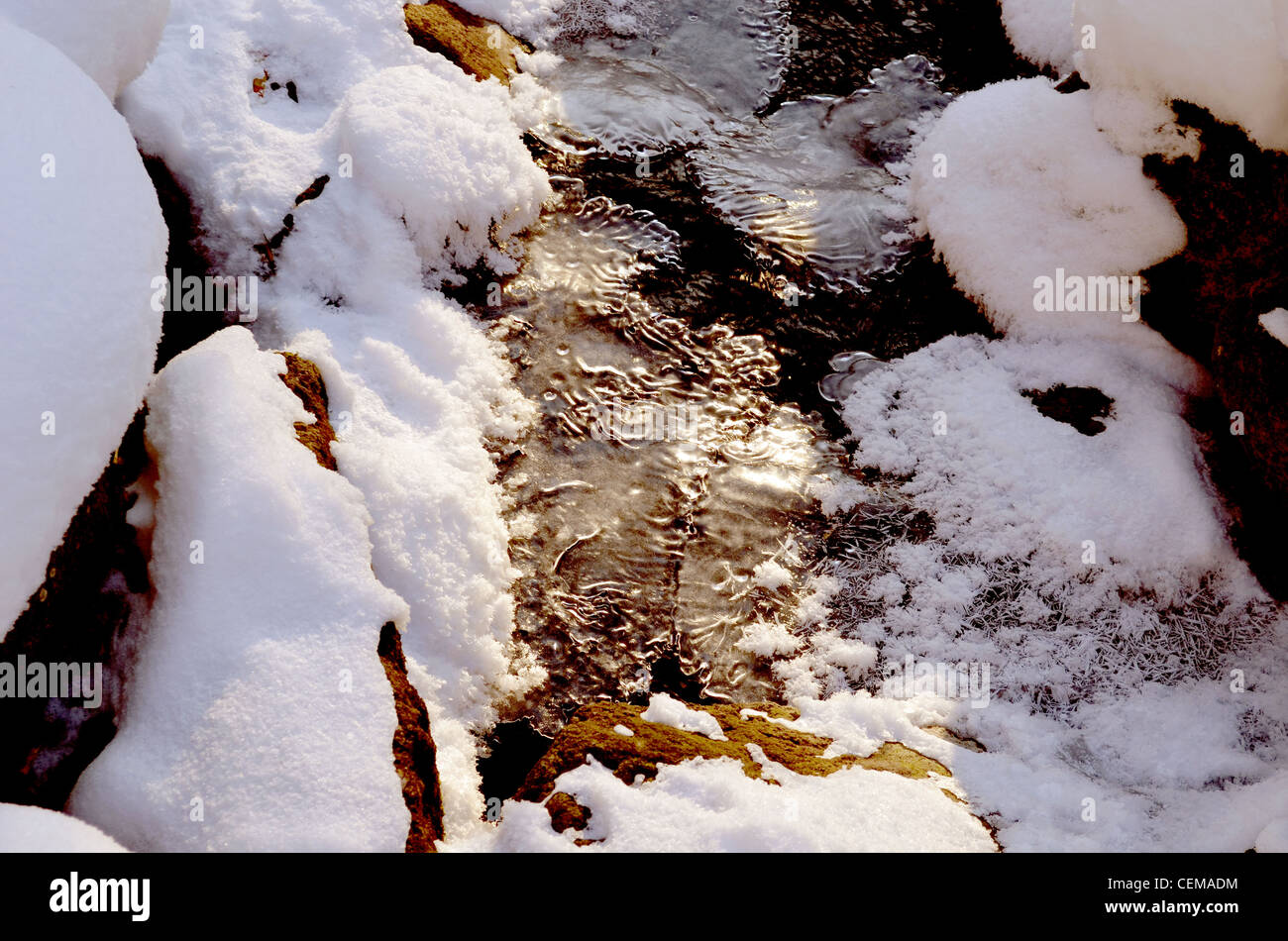 Snowy forest stream freeze ice and snow details closeup background ...